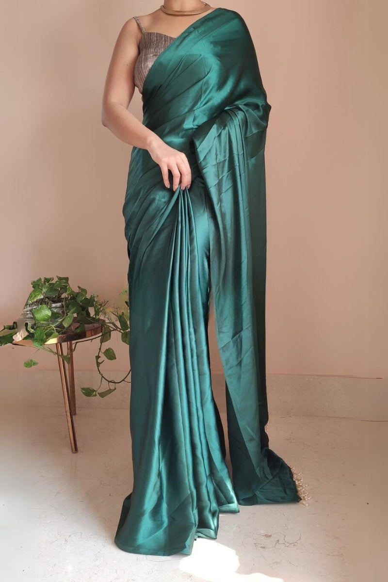 Glorious 1-Minute Ready To Wear Emerald Green Satin Silk Saree – Minneri.in