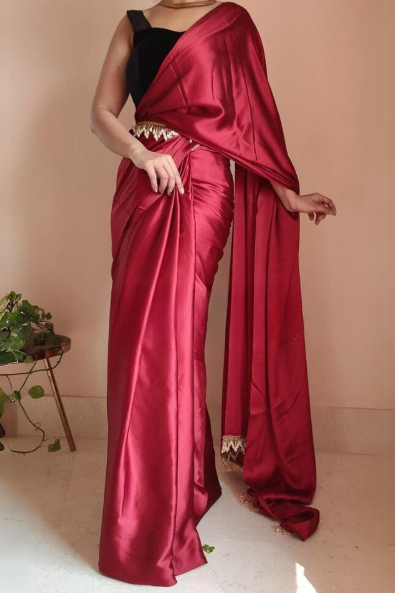 Pleasant 1-Minute Ready To Wear Maroon Satin Silk Saree – Minneri.in
